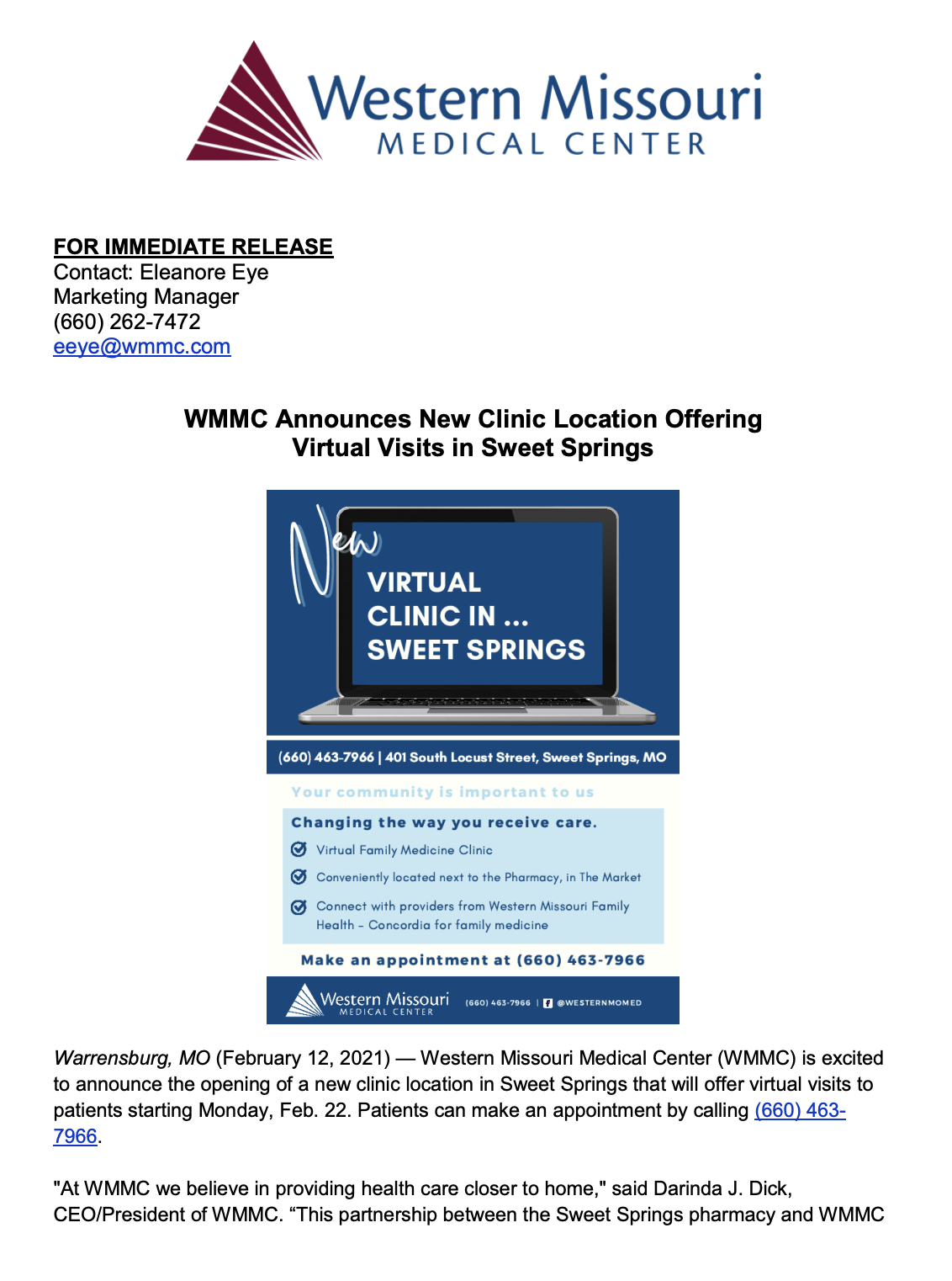 WMMC Announces New Clinic Location Offering Virtual Visits In Sweet ...