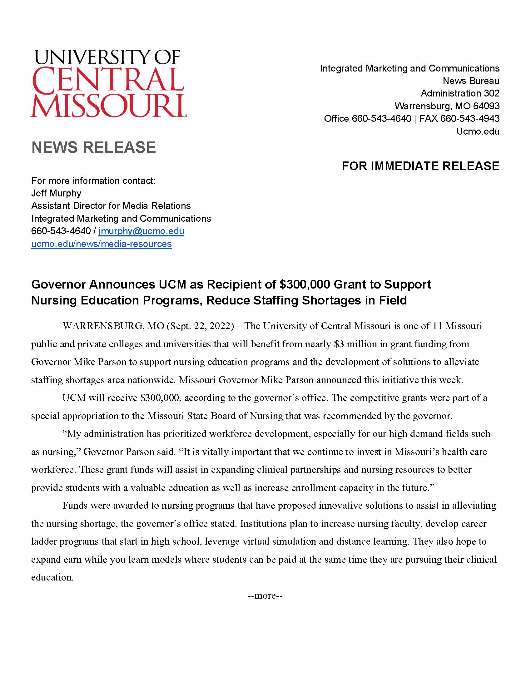 Governor Announces UCM as Recipient of $300,000 Grant to Support ...